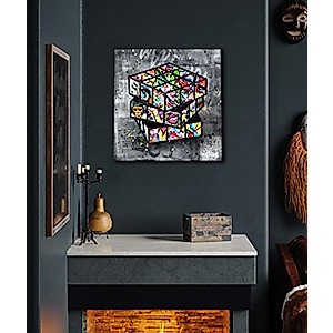 SIXTTART Banksy Canvas Wall-Art for Bedroom - Street Graffiti Wall Art - Abstract Painting Pop Art Wall Decor Modern Home Office Decor 14" W x 14" H Stretched and Framed Ready to Hang