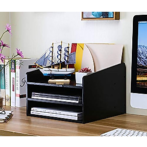 PAG Wood Desktop File Organizer Mail Sorter Magazine Rack Paper Holder Telephone Stand with Adjustable Drawer, Black