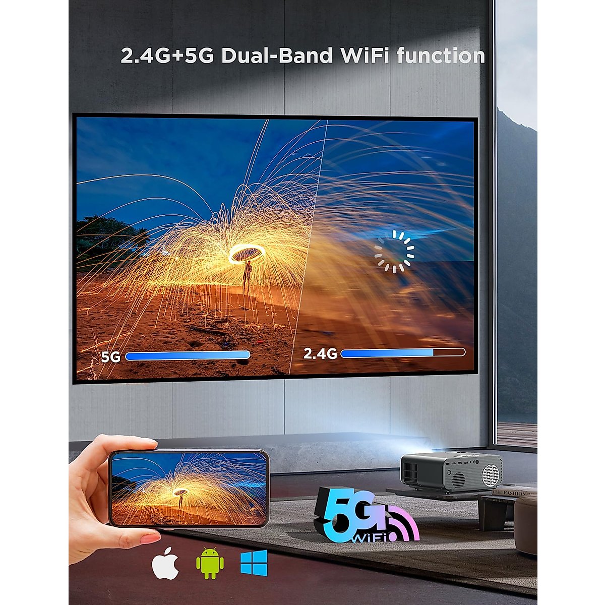 Native 1080P Projector 4K Support, 5G WiFi Bluetooth Portable Projector with Tripod, 11000L Movie Projector, 300" Display Home Projector Compatible with HDMI/TV Stick/iOS/Android/PS5