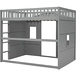 DNYN Full Size House Loft Bed for Kids Bedroom,Solid Wood Bedframe with Ladder & Safety Guardrail,Underneath Play-House Design & No Box Spring Needed,Easy Assembly,77.5" x 57.8" x 65", Gray