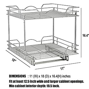 OCG Pull Out Cabinet Shelves 11" W x 18" D, 2 Tier Slide Out Cabinet Organizer, Sliding Drawer for Cabinet, Chrome Plated