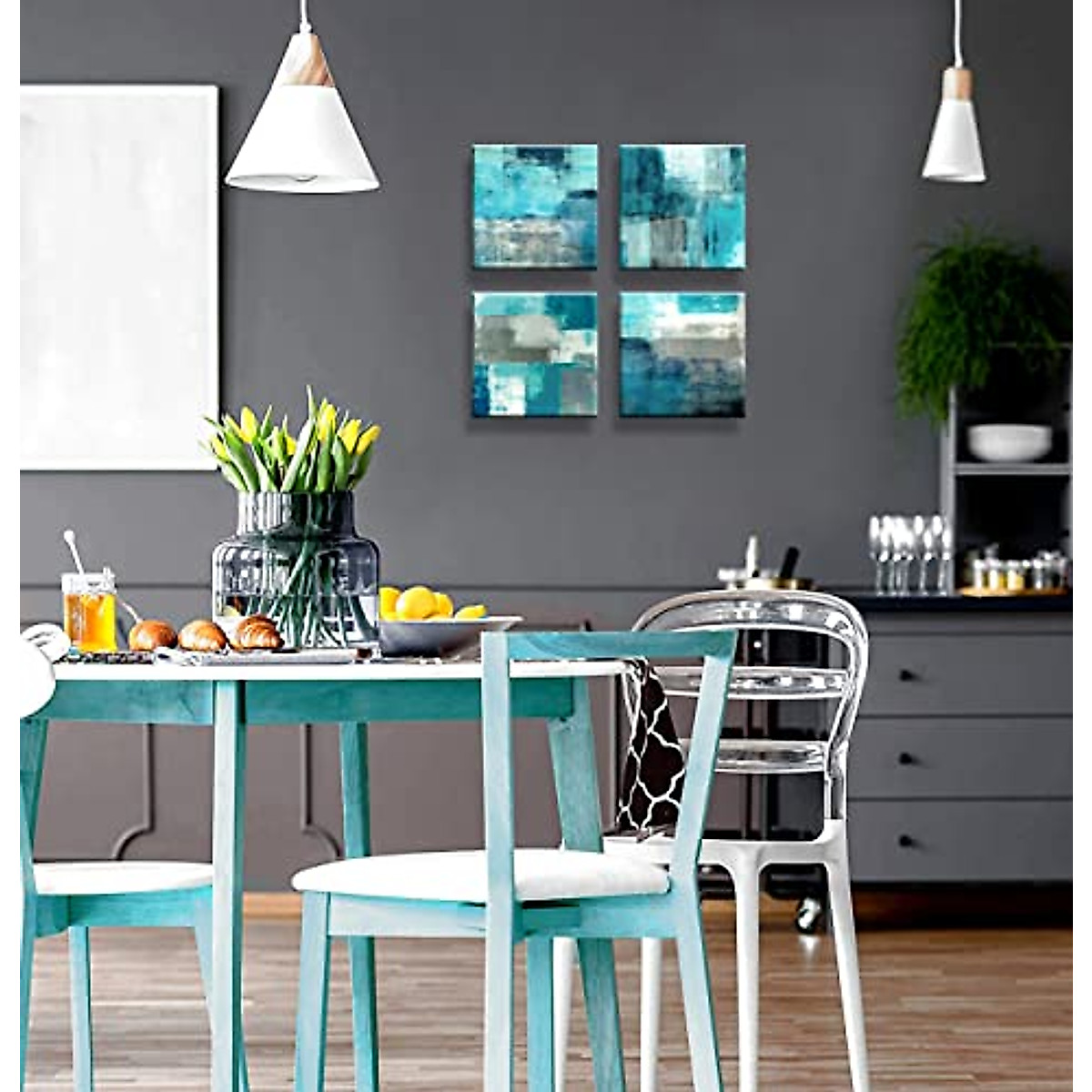 Abstract Wall Art Canvas Turquoise and Grey Abstract Art Painting Canvas Artwork Contemporary Wall Art for Bathroom Bedroom Living Room Kitchen Wall Decor 12" x 12" x 4 Pieces Canvas Prints