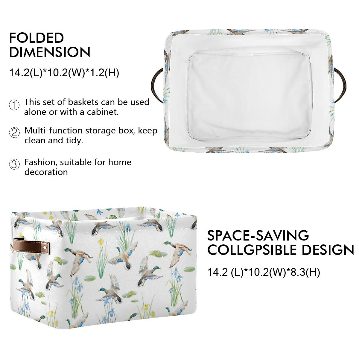 Oyihfvs Flying Mallard Ducks Yellow Blue Iris Lotus with Leaves on White 1 PC Rectangle Storage Basket Collapsible Fabric with Leather Handles Bag Organizer Clothes for Home Bedroom 15 x 11 x 9.5 in