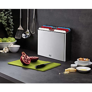 Joseph Joseph Index Plastic Cutting Board Set with Stainless Steel Storage Case Color-Coded Dishwasher-Safe Non-Slip, Large, Steel Multicolored