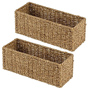 mDesign Small Natural Woven Seagrass Bathroom Toliet Roll Holder Storage Organizer Basket Bin; Use on Bathroom Countertop, Toilet Tank Top - Holds 3 Rolls of Toilet Paper - 2 Pack - Natural/Tan