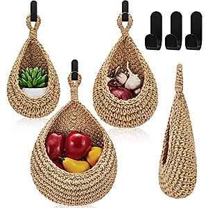 Honeydak Hanging Wall Basket Teardrop Baskets Onion Coat Bohemian Storage Fruit Hooks for Kitchen Home Restaurant Garlic Vegetable Planters, 3 Sizes (Light Linen)