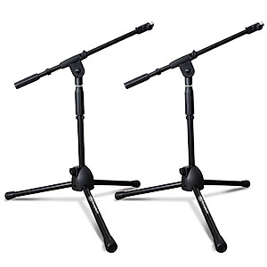 AxcessAbles Low-Profile Microphone Tripod Stand with Boom Arm | Adjustable Height Short Floor Mic Stand with Boom | Kick Drum Mike Stands |Guitar Amp Stands (2-Pack)
