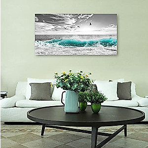 Large Ocean Waves Canvas Wall Art for Living Room Wall Decor Teal Blue Sea Beach Wave Wall Art Prints Artwork Sea Birds Canvas Pictures for Bedroom Home Office Wall Decorations Ready to Hang 30" X 60"