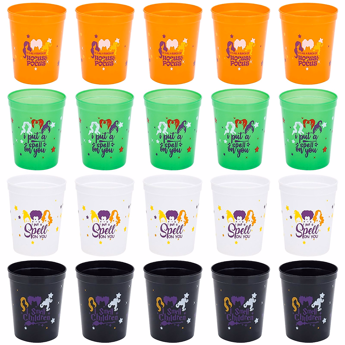 Ainibar Halloween Party Cups - Set of 20 Orange,White,Black and Green 16oz Stadium Cups,Perfect for Hocus Pocus Halloween Party Supplies, I Smell Children Holiday Witches Halloween Party