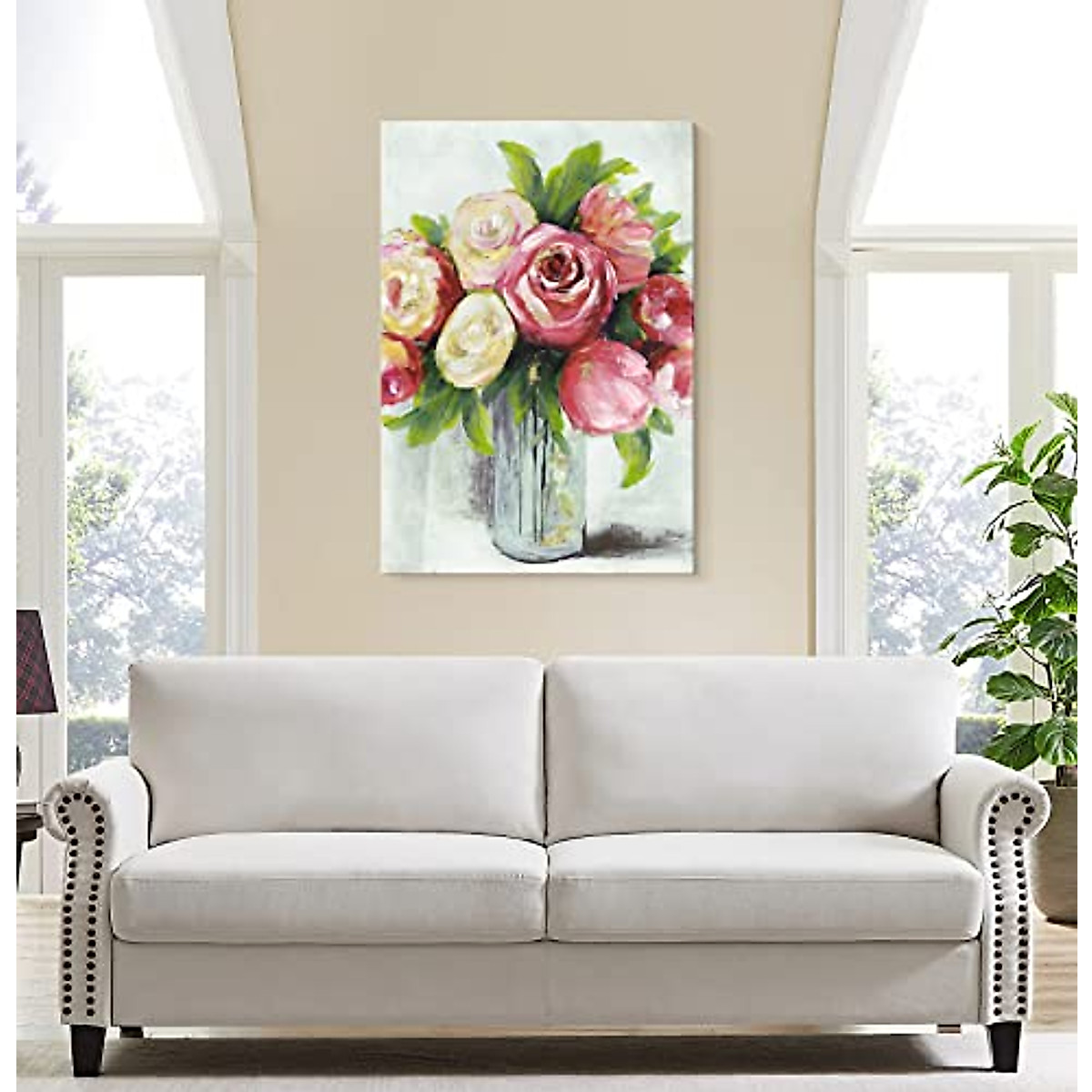 Yuegit Flower Pictures for Living Room Wall Decoration, Pink Floral Canvas Paintings Wall Art Green Plant Botanical Wall Art Framed for Bedroom Wall Decor Ready to Hang 24X36 Inch