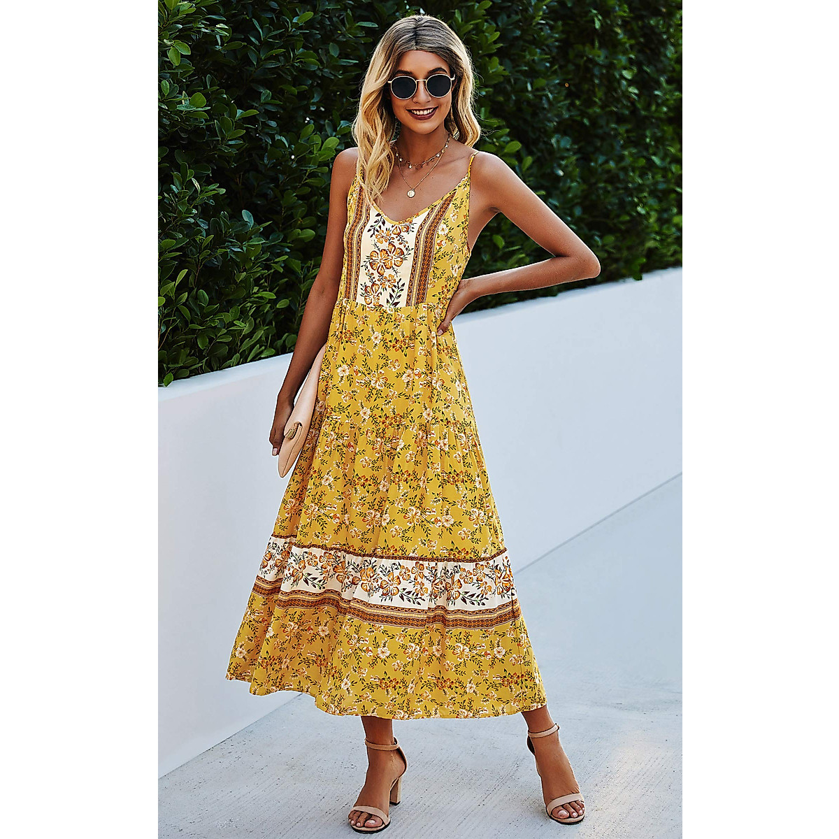 Angashion Women's Dresses Floral Adjustable Spaghetti Strap V Neck Boho Long Maxi Dress Summer Beach Flowy Ethnic Sundress 2141 Yellow Medium