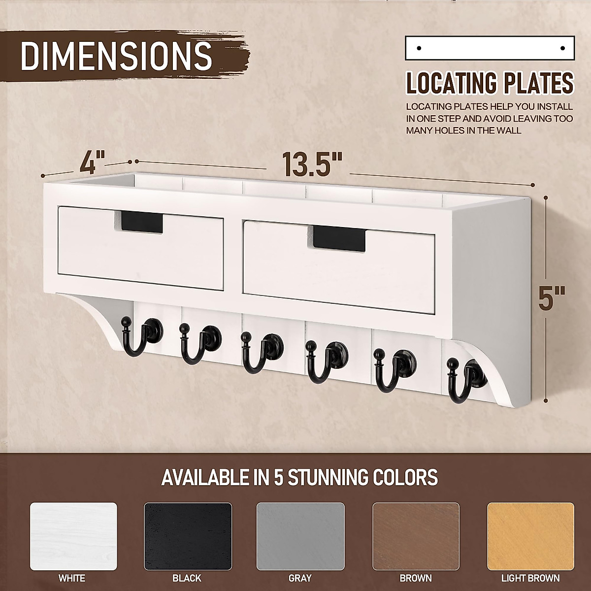 Rebee Vision Key Holder Wall Mount with Drawer Organizer: Mail Organizer with 6 Key Hooks & Dual Drawer Storage - Room Decor for Home and Apartment Essentials (Modern White)