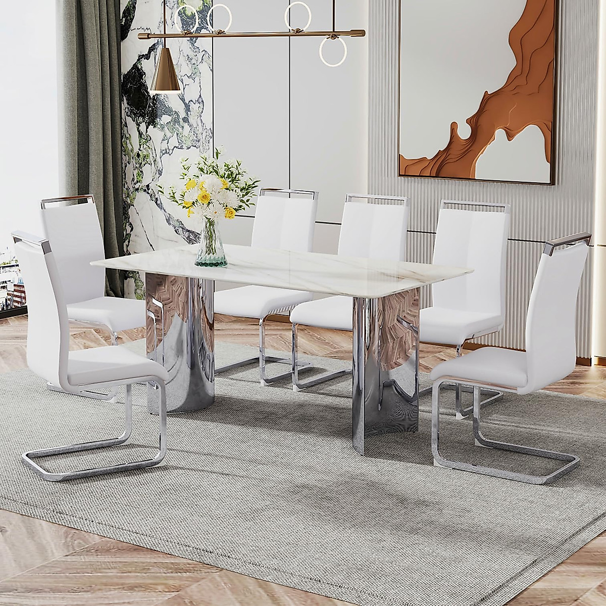 Maotifeys Luxury Faux Marble Dining Table for 6, 63" Rectangular Kitchen Table with Polished Silver Pedestal Base Modern White Marble Glass Dinner Table for 4-6 People in Kitchen Dining Room