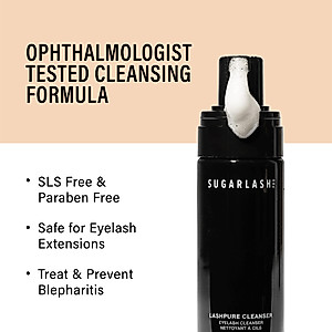 Sugarlash PRO Lashpure Cleanser with Cleansing Brush | Lash Shampoo for Lash Extensions | pH-Balanced & SLS-Free Eyelash Extension Cleanser, Removes Makeup & Oil | 50mL / 1.7 fl. oz