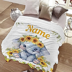 Personalized Baby Blanket Gifts for Girls Boys-Super Soft Comfy Flannel Throw Custom Name Sunflower Elephant Newborns Gift Cozy Nursery Toddler Fleece Blankets for Birthday Bed Sofa-30''x40''