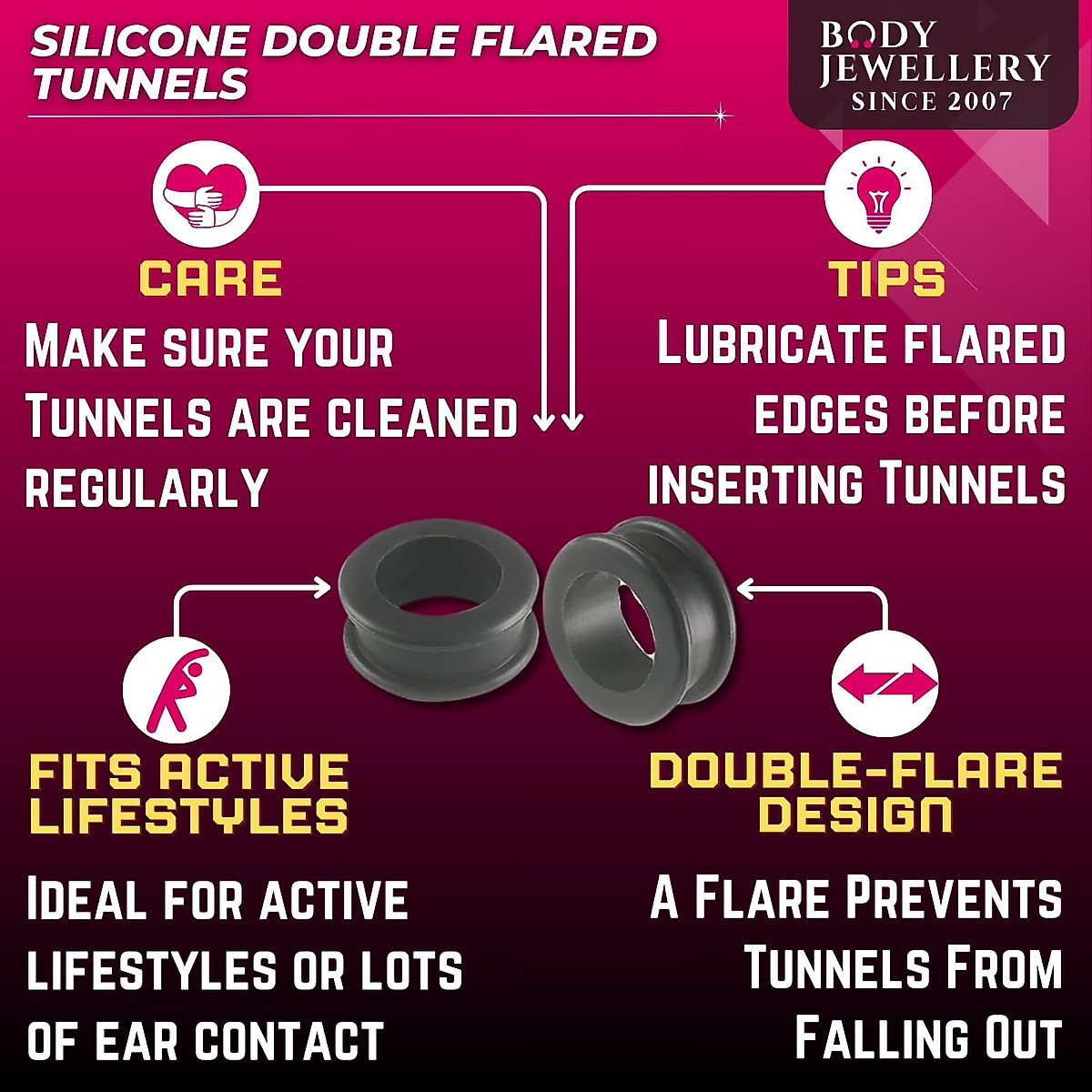 bodyjewellery 1 1/16G 1 1/16 gauge 26mm Black Implant grade sili Double Flare Tunnel Plug SI01 AHAD Ear Stretching Stretcher Piercing 2Pcs