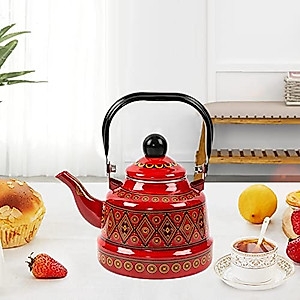 Leefasy 2.5L Enameled Tea Kettle Teapot Tableware Coffee Kettle No Whistling Easy Clean Teakettle for Stovetop for Picnic Kitchen Outdoor Hiking, Red A
