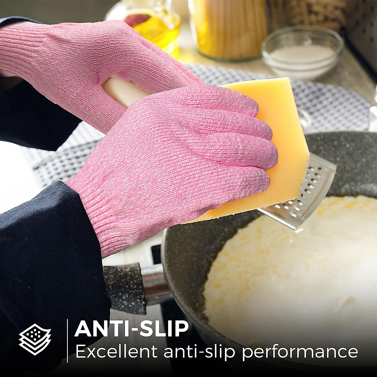 Evridwear 2 Colors 2 Pairs Combo Level 5 Cut Resistant Gloves with Strong Silicone Grip Dots Kitchen Meat cutting Fish Fillet Shucking and Mandolin Slicing Free E-book(M, Pink+Gray)