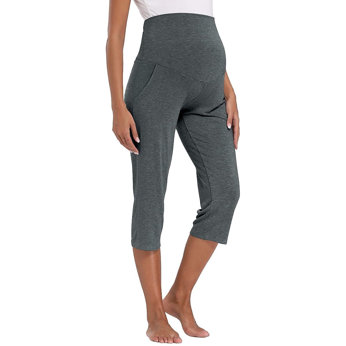 AMPOSH Women's Maternity Capri Pants Stretchy Lounge Pants Comfortable Pregnancy Shorts(Dark Gray with Pockets, XXL)