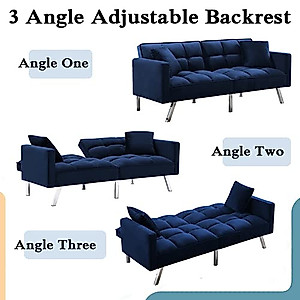 Velvet Futon Sofa Bed with Two Pillows, Convertible Sleeper Sofa Couch with 3 Angle Adjustable Backrest, Modern Loveseat with 6 Metal Legs for Living Room, Bedroom (Blue)