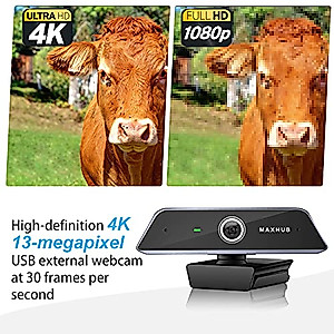 MAXHUB 4K AutoFocus Web Cameras for Computers, Streaming Webcam with Dual Microphone Plug and Play USB HD Webcam with 13MP for Pro Streaming/Online Teaching/Video Calling/Zoom/Skype
