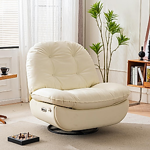 Oversized Electric Recliner Chair, 270 Swivel Rocking Glider Rocker for Adults Modern Ergonomic Lounge Chair Living Room with Phone Stand & Smart Voice Control Theater Seating, Ivory Fuax Leather