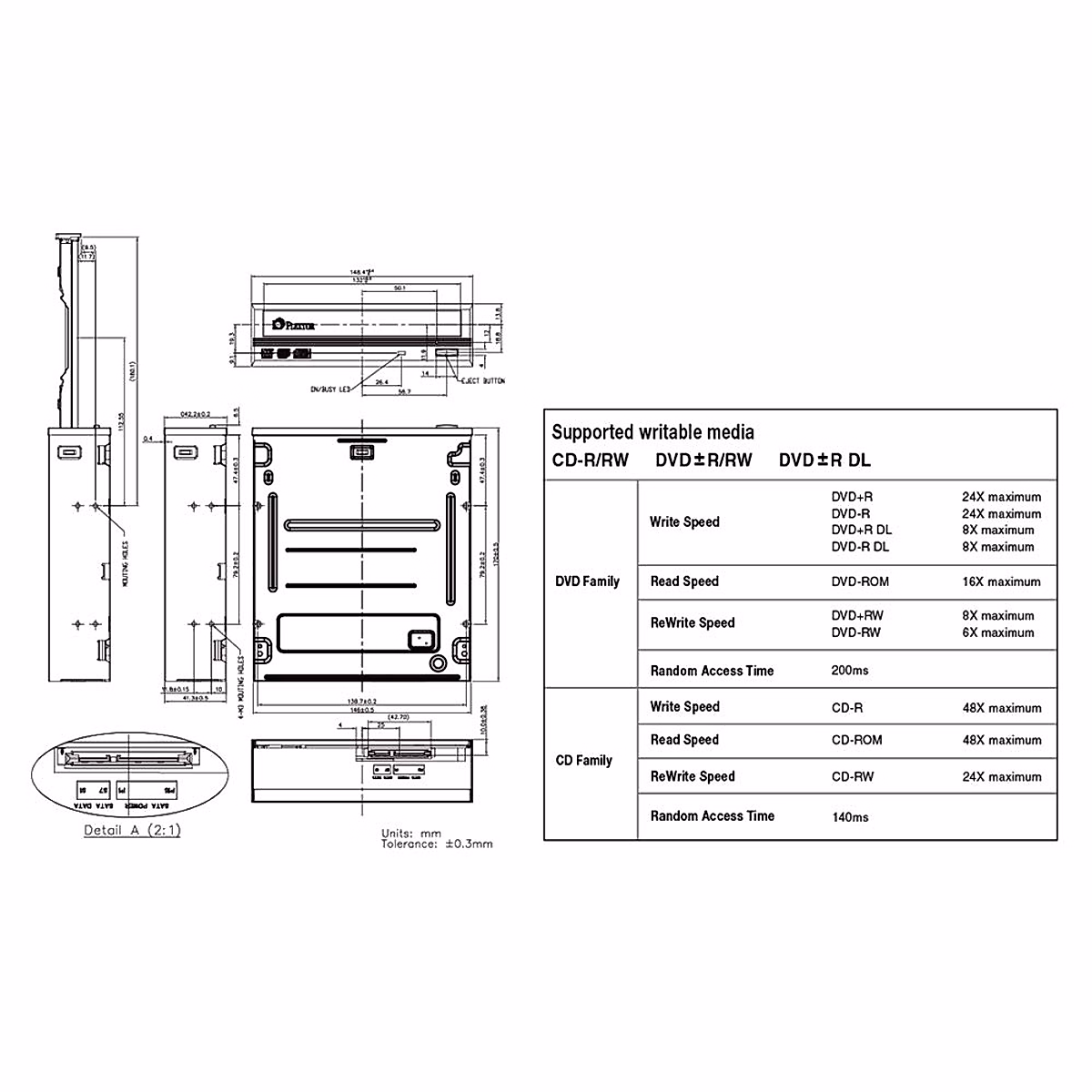 PlexWriter Plextor PX-891SAF 24X SATA DVD/RW Dual Layer Burner Drive Writer - Black (Bulk)
