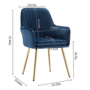 Artechworks Velvet Modern Living Dining Room Arm Chair for Home Office Club Leisure Guest Lounge Bedroom Upholstered with Gold Metal Legs, Blue, 1pcs Chair