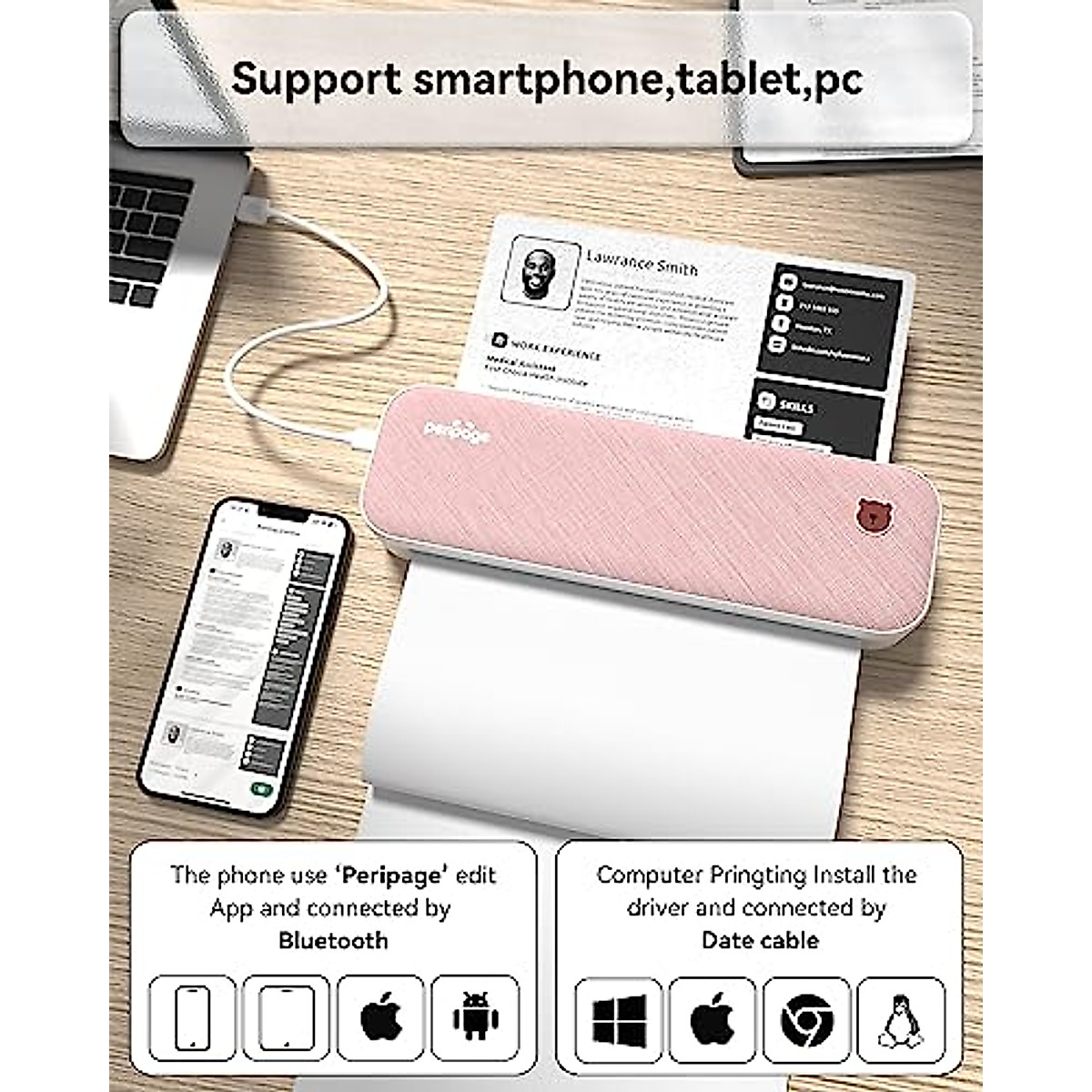 PeriPage A40 Thermal Portable Printer, Supports 8.26"x11.69" US Letter, Wireless Inkless Bluetooth Mobile Travel Printer, Compatible with Android and iOS, Prints Documents,Tattoo Paper, Photos(Pink)