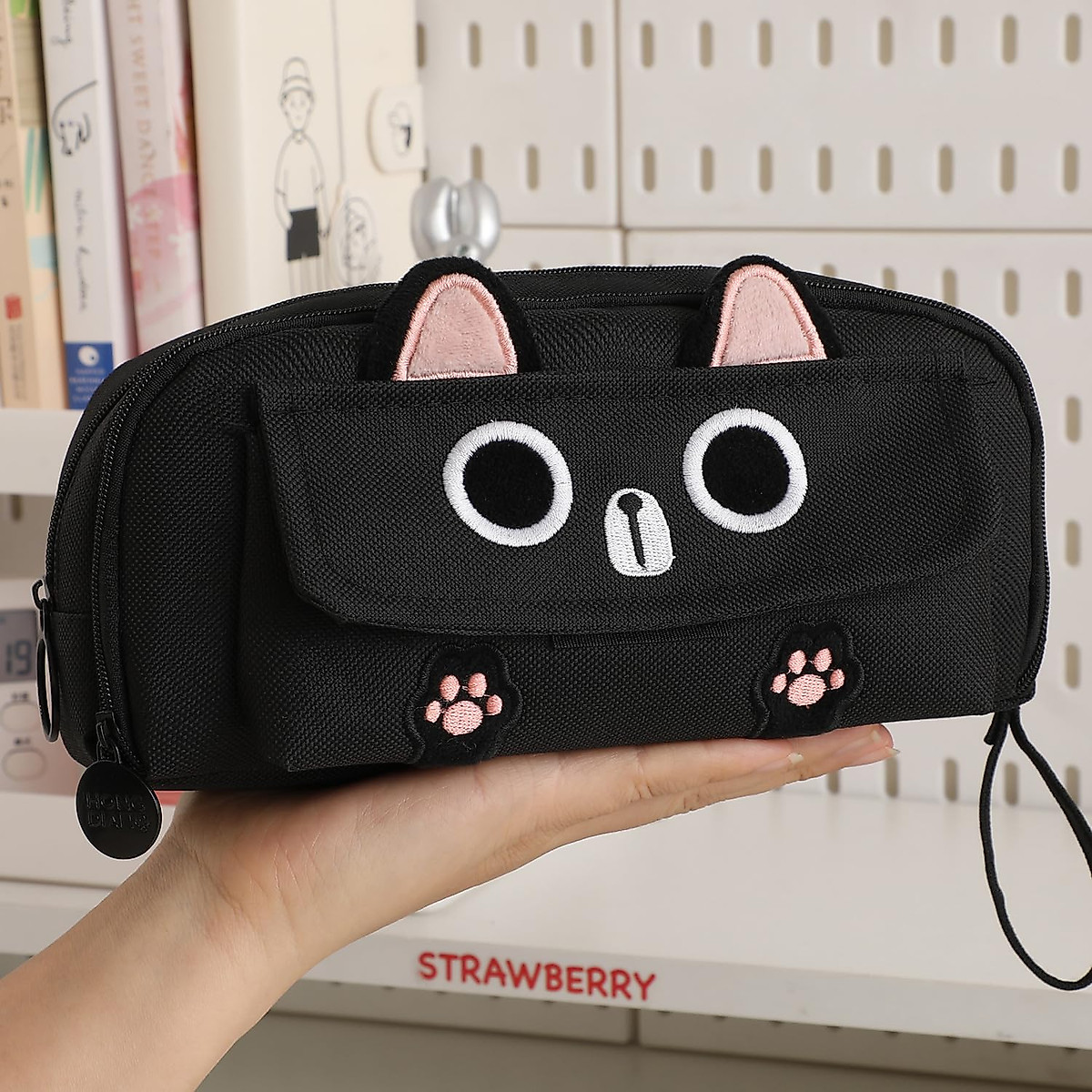 NIORYUZ 2024 Kitty Cat Pencil/Pen Pouch 4-Layers Extra Capacity Cosmetic Organizer Pen Brush Holder Mesh Pockets (4 Layers - Black)