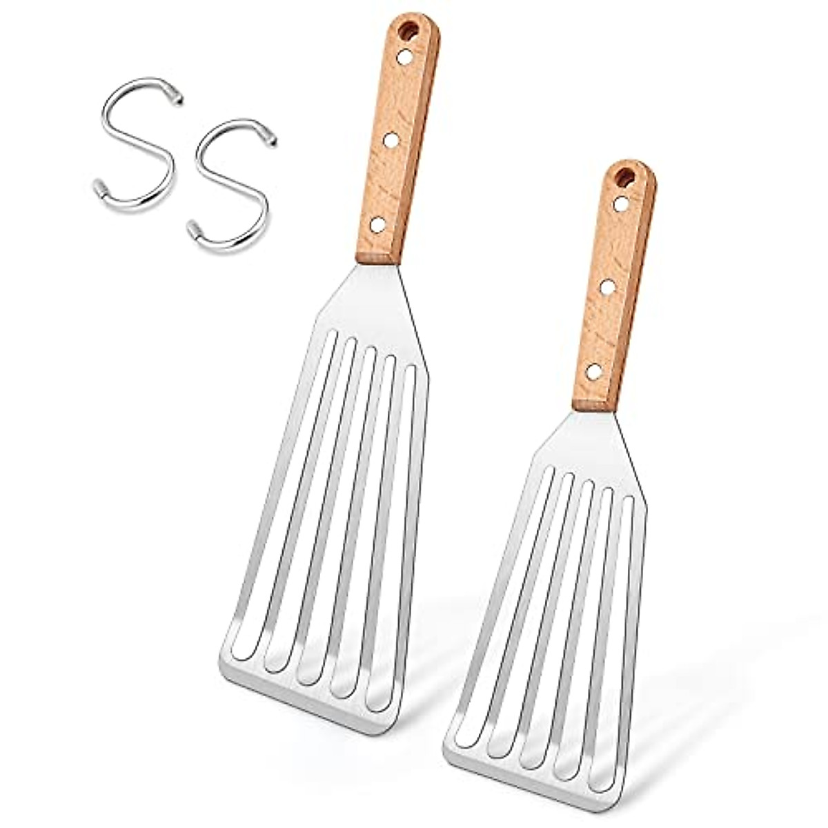 Joyfair Fish Spatulas Set, 2Pcs Metal Slotted Turner with Wooden Handle for Grilling Frying, Stainless Steel BBQ Flipper Spatula for Griddle Flattop, Thin Edge for Easy Turning & Flipping Pancake Meat