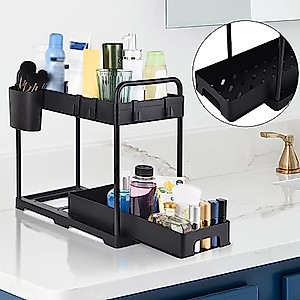 2 Pack Under Kitchen Sink Organizers Storage, 2-Tier Sliding Under Bathroom Cabinet Storage Drawer Organizer with Hooks, Hanging Cup, Handles, multi-purpose Under Sink Shelf Organizer, Black