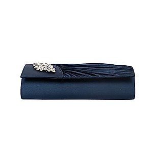Mulian LilY Navy Blue Evening Bags For Women Pleated Satin Rhinestone Crystal Brooch Prom Clutch Purse With Detachable Chain Strap M272