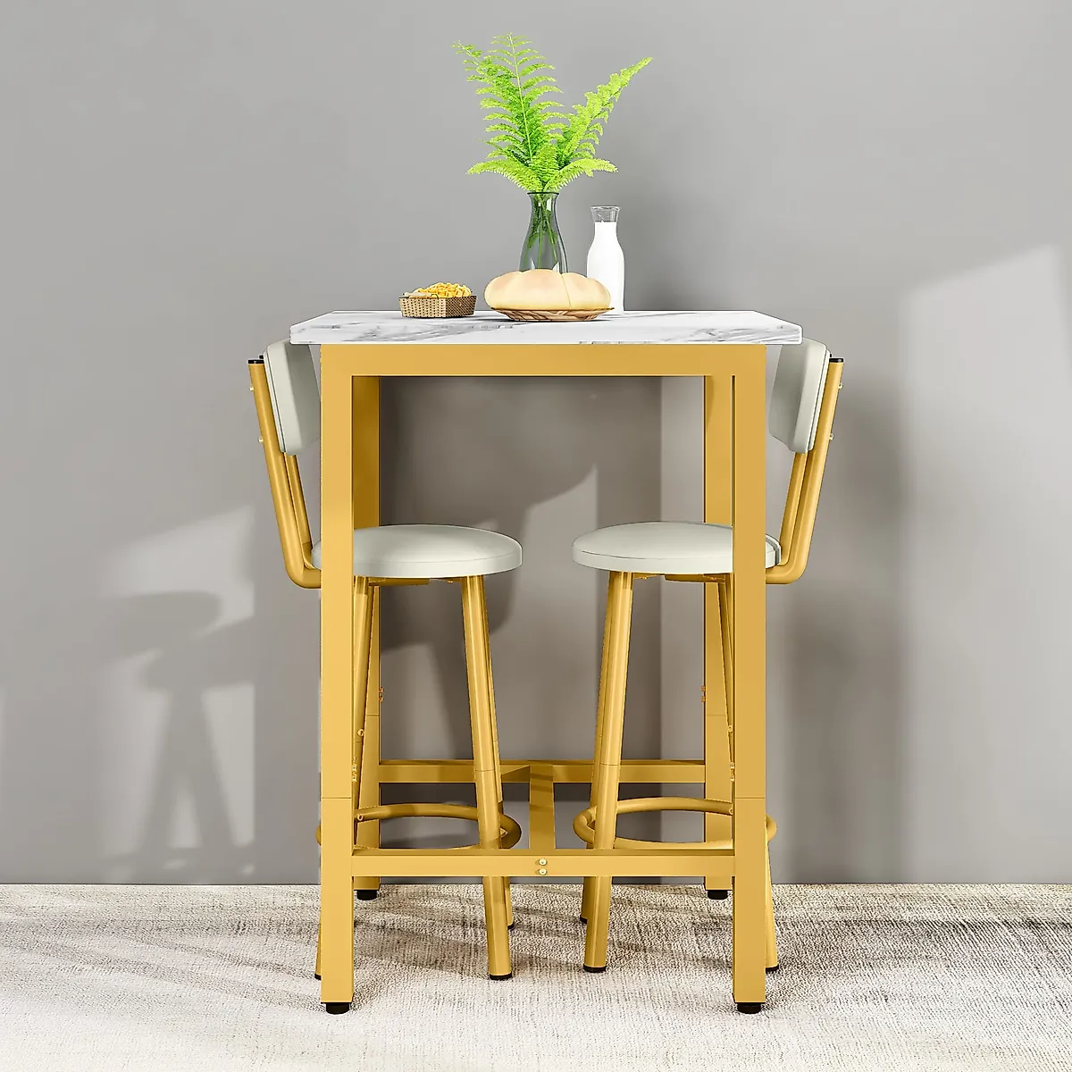 Lamerge 3 Pieces Bistro Dining Set for 2 Kitchen Square Breakfast Table Set Bar Table Space Saving Faux Marble Top and Upholstered Chairs Set for Apartment Dining Room with Gold Metal Frame