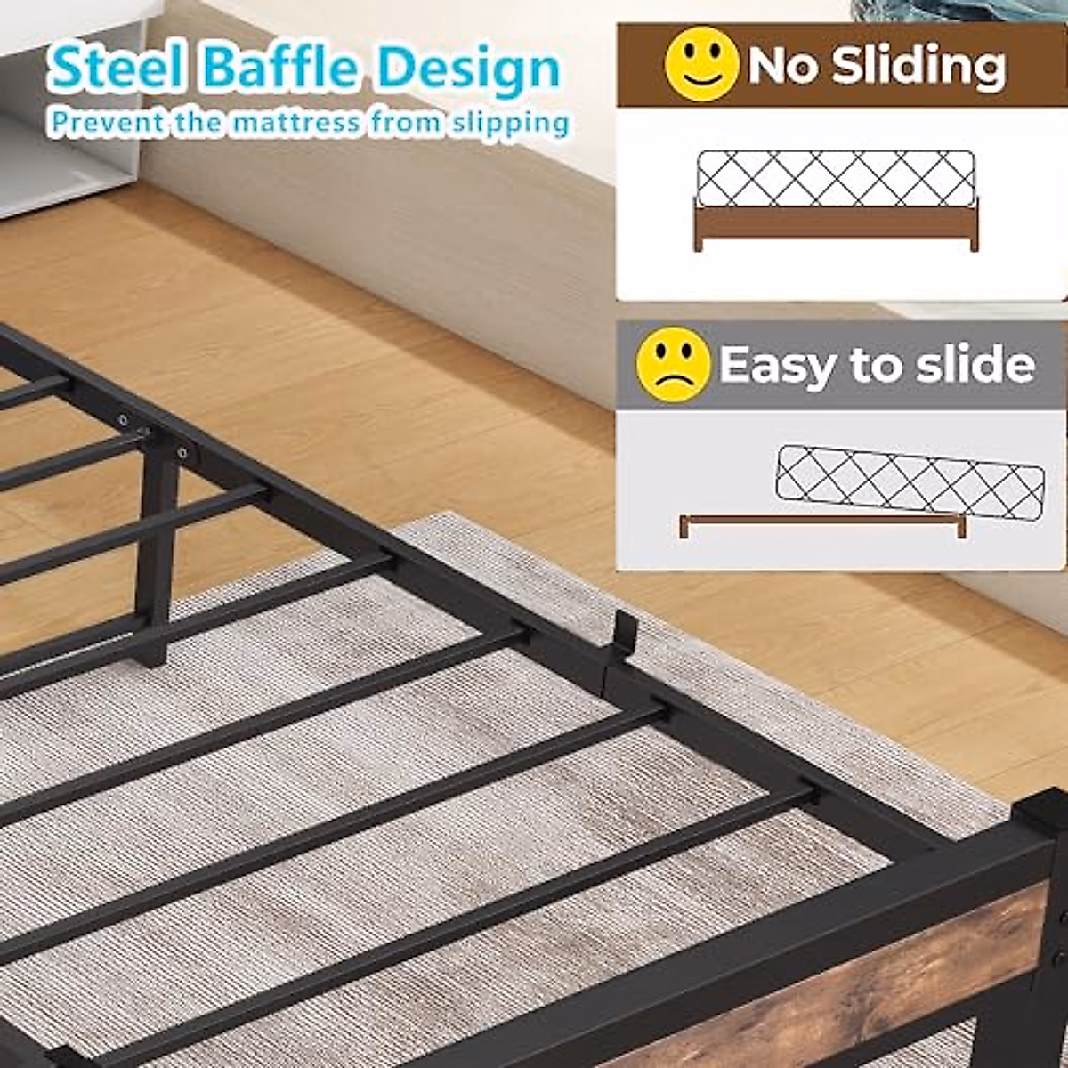 DUMEE Metal Queen Bed Frame with Wood Storage Headboard with USB Ports and Charging Station, Metal Platform Bed Frames Queen Size, No Box Spring Needed, Noise Free, Black & Rustic Brown