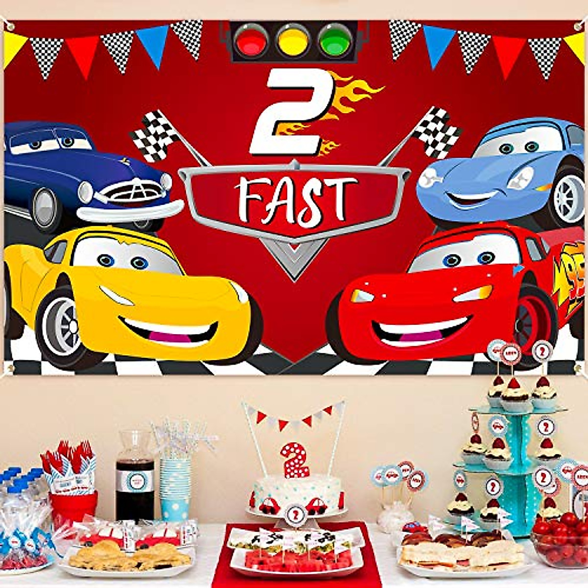 PANTIDE Race Car 2nd Birthday Party Backdrop Decoration, Two Fast Photography Background Banner, Large Poster Party Photo Props Wall Décor, Let’s Go Racing Party Supplies for Baby Boys Two Years Old