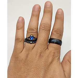 Ringcrown Couple Rings Black Gold Filled Heart Blue Cz Claddagh Ring Womens Wedding Ring Sets Man Tungsten Wedding Band