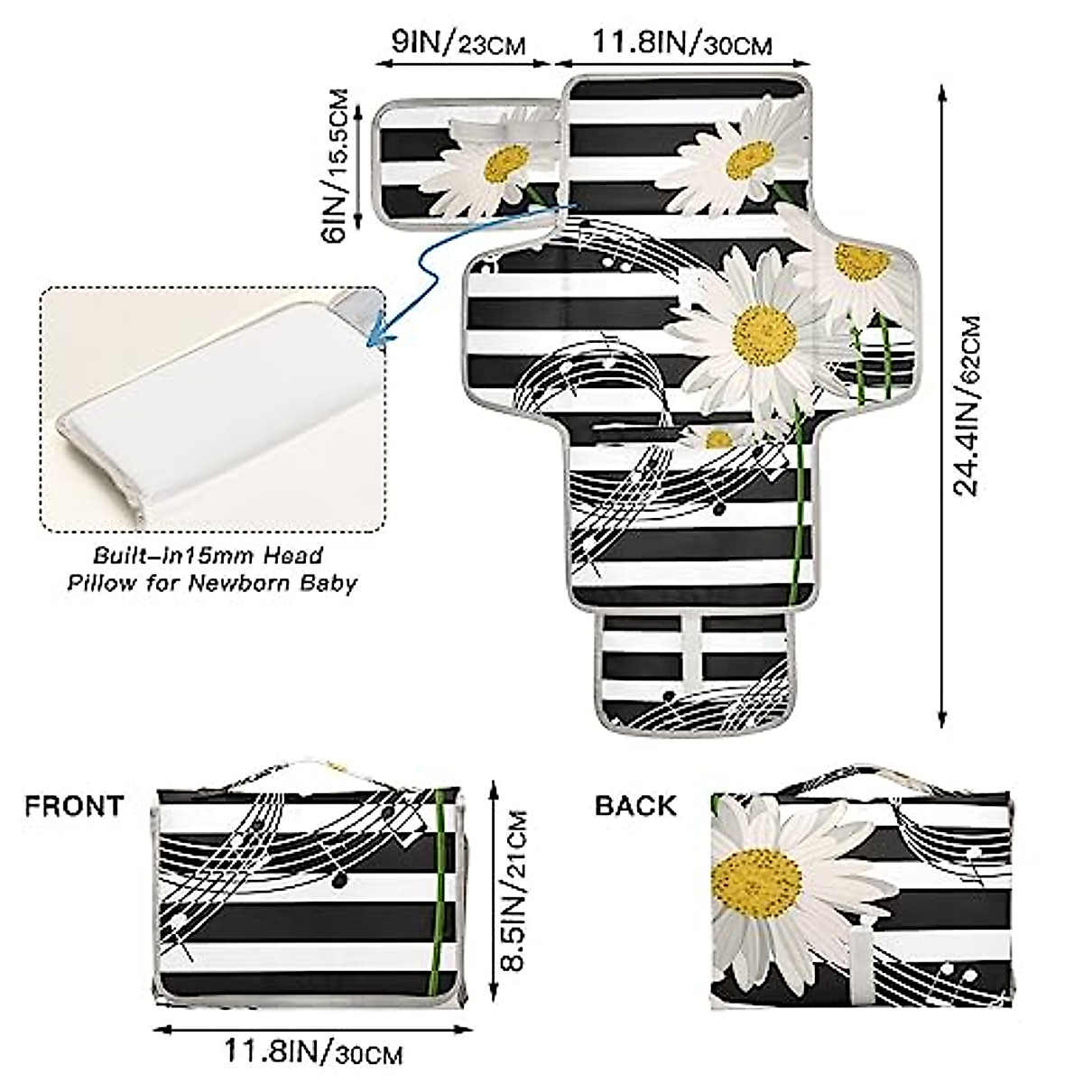 Daisies Portable Baby Changing Pad Travel Diaper Changing Table Mat Foldable Waterproof Changing Station with Built-in Pillow for Unisex Baby Gifts Newborn
