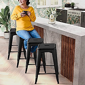 COSTWAY Bar Stools Set of 4, 24” Stackable Metal Stools with Square Seat & Handing Hole, X-Shaped Reinforced Design, Backless Bar Chairs for Kitchen, Dining Room, Pub (Black, 24‘’)