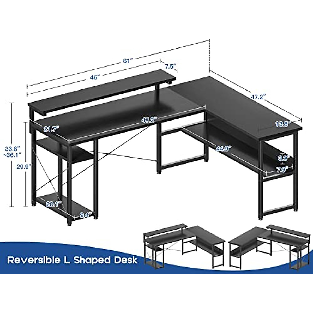 ODK Corner Computer Desk, 61" Reversible L Shaped Desk with Storage Shelves & Monitor Stand, Home Office Desk, Gaming Desk, Writing Desk, Black
