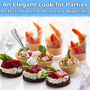 Super Elegant, BPA Free 400ct Plastic Tasting Forks. Mini Cocktail or Sampling Fork Set for Hors D'Oeuvres, Appetizers, Shrimp and Seafood. Durable, Recyclable 4 Tine Utensil with Stainless Steel Look