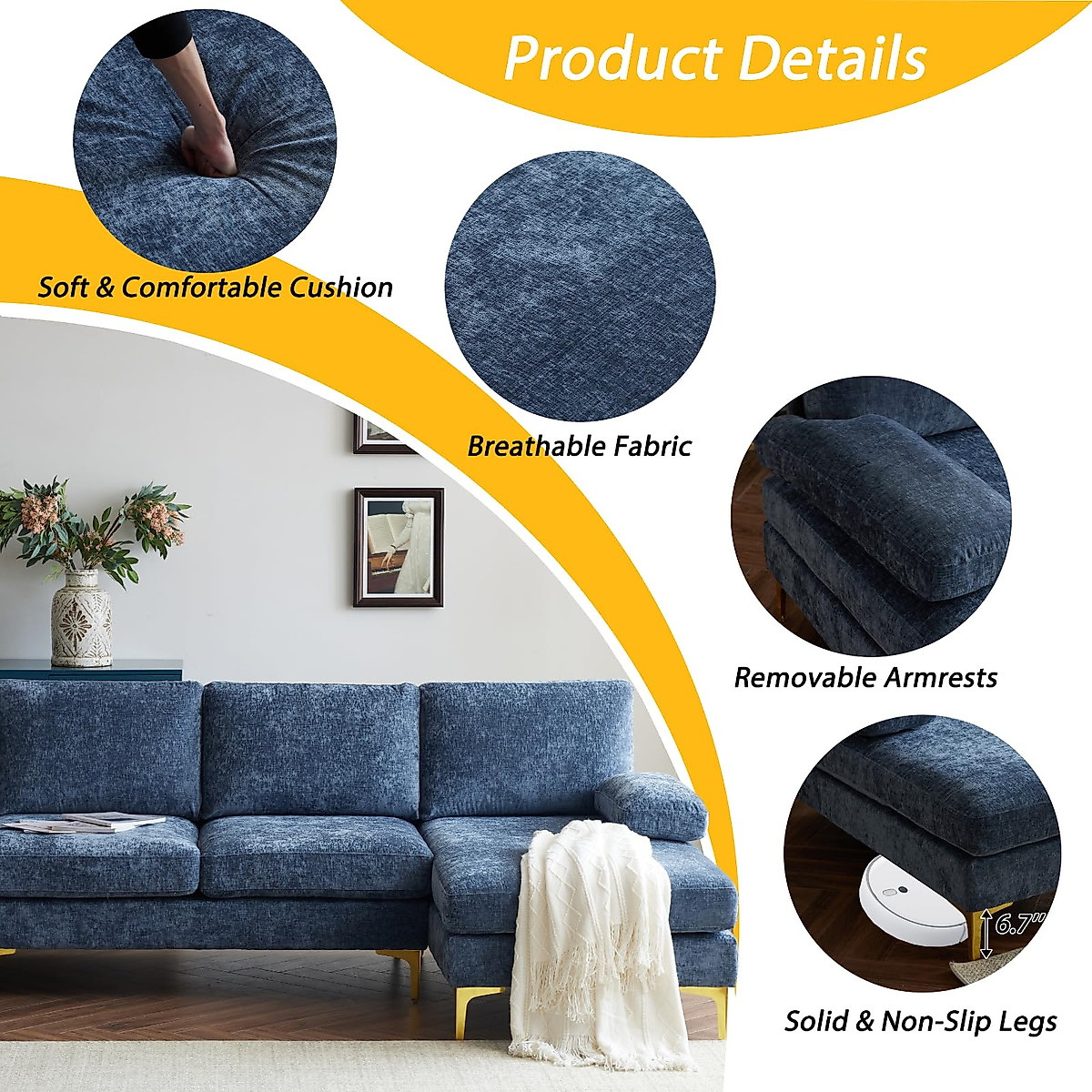 Karl home Convertible Sectional Sofa 110" U-Shape Sofa Couch 4-Seat Couch with Chaise ChenilleFabric Upholstered for Living Room, Apartment, Office, Grey-Blue