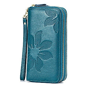 RFID Blocking Women’s Leather Wallet, Double Zipper Smartphone Pocket, Embossed Flower with Credit Card Holder, Cash Slots Large Capacity Clutch Wristlet (Teal Blue)