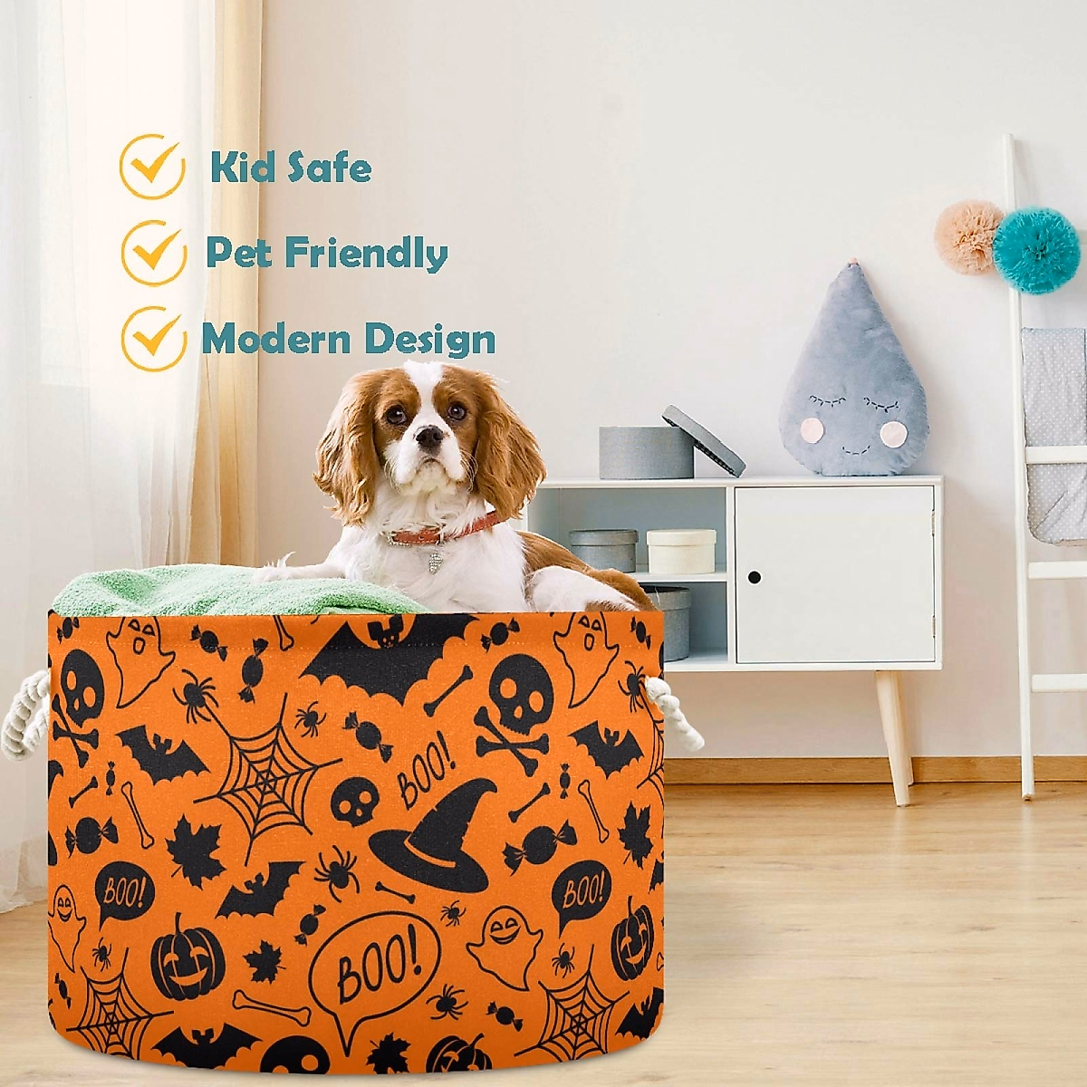 visesunny Storage Basket Halloween Orange Festive with Pumpkin Skull Bat SpiderNursery Hamper Canvas Fabric Toy Storage Organizer Bin Storage Box Laundry Basket for Kid Room,Playroom