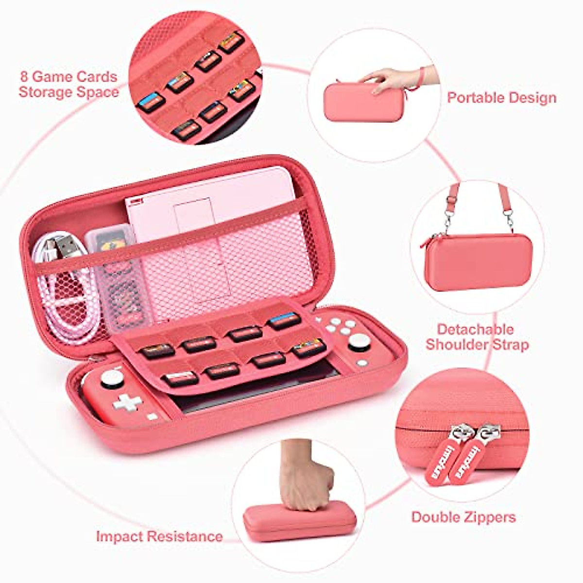innoAura Switch Lite Case 15 in 1 Switch Lite Accessories Bundle with Switch Lite Carrying Case, Switch Game Case, Switch Lite Screen Protector, Switch Stand, Switch Thumb Grips (Coral)