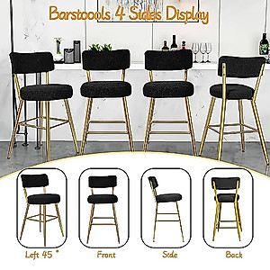 Sucrever 24” Boucle Bar Stools Set of 6, Counter Height Bar Stools with Back, Sherpa Barstools with Golden Metal Legs/Footrest, Black Boucle Bar Chairs Bar Stools for Kitchen Island, Dining Room