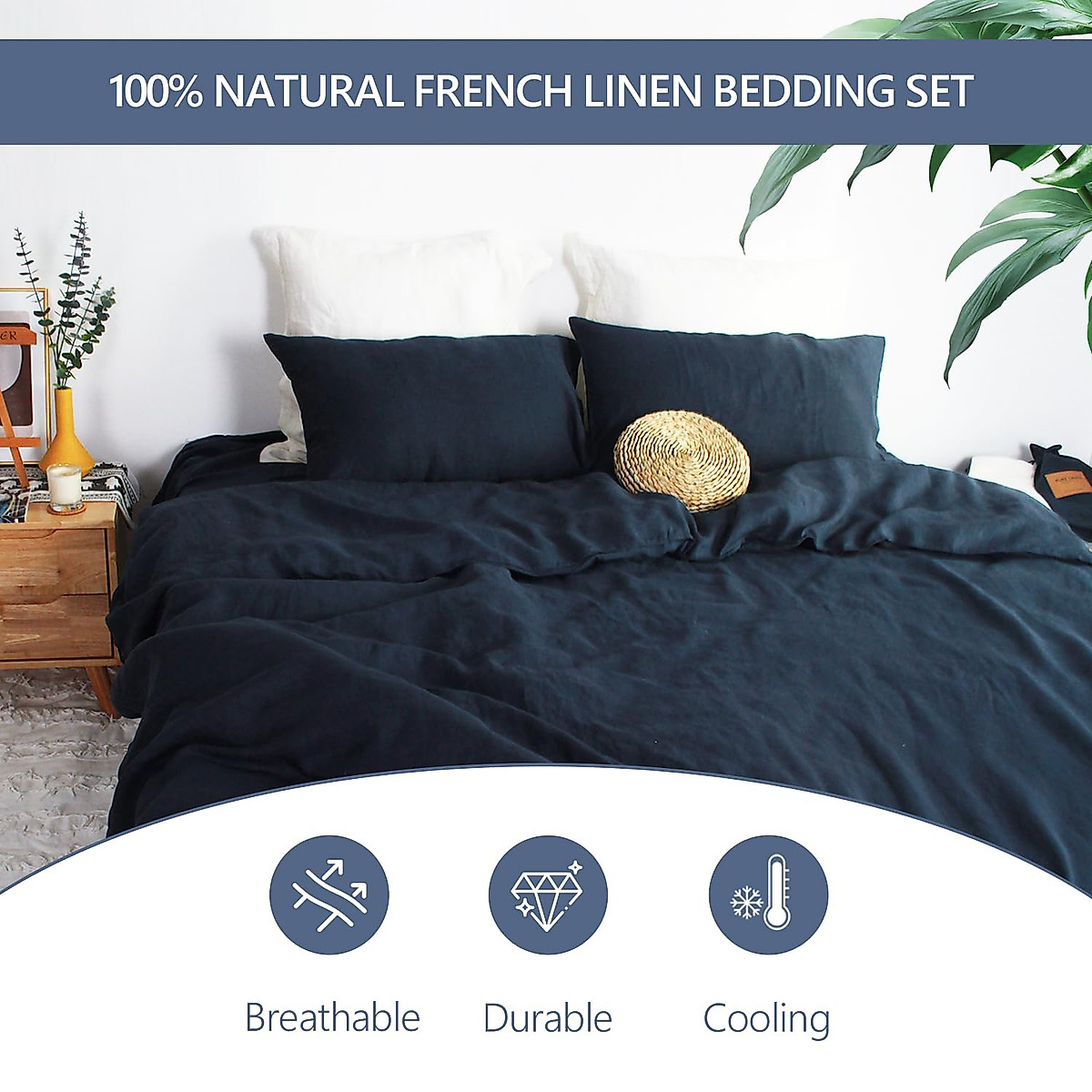 S VICTORY SYMBOL 100% Organic Linen Duvet Cover Set Queen Size,Natural French Linen Bedding Set with Stone Washed,Comforter Cover with Button Closure(Navy) Soft,Breathable