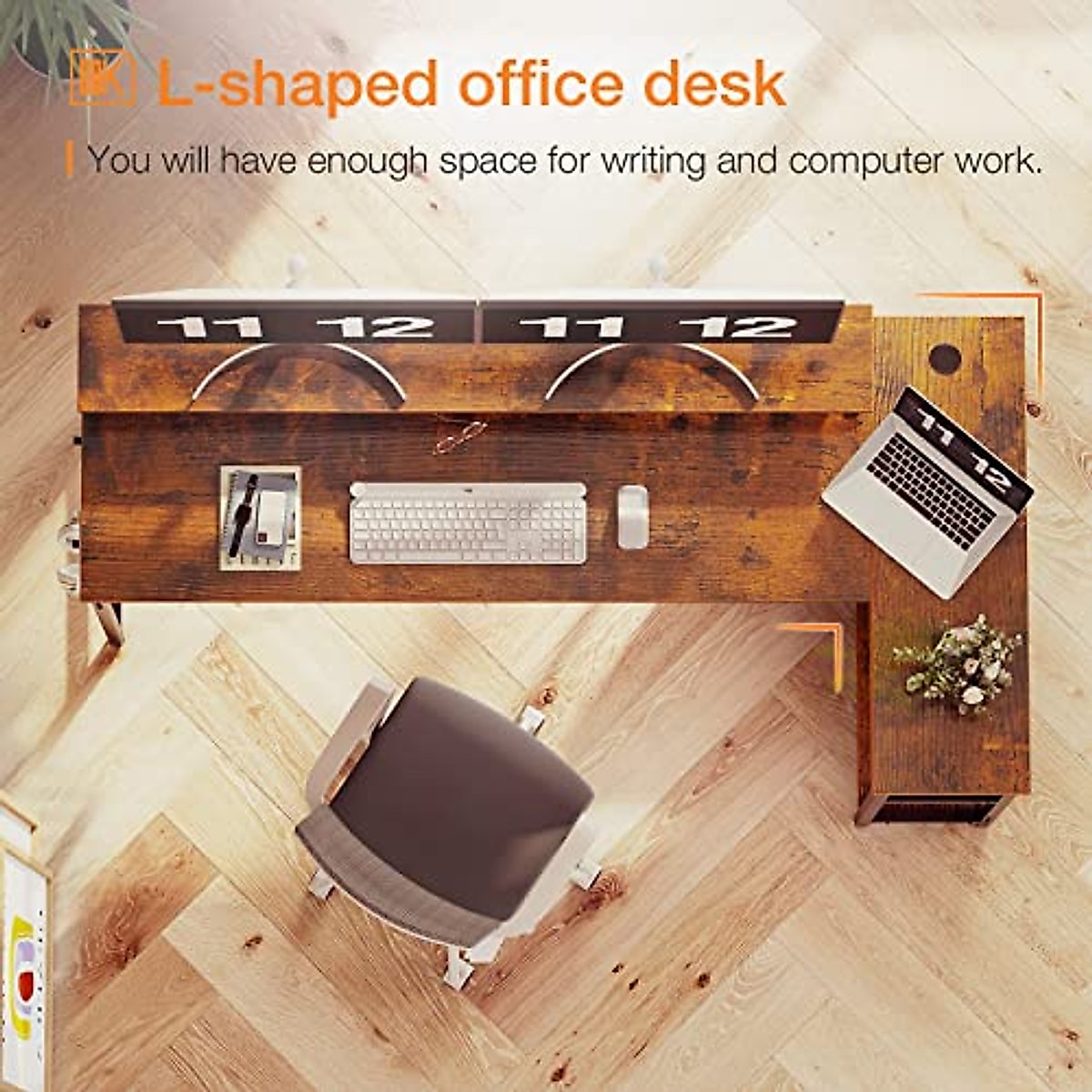 ODK Small L Shaped Desk, 66 inch Corner Desk with Reversible Storage Shelves, Computer Desk with Monitor Shelf and PC Stand for Home Office, Gaming Desk with Headphone Hooks, Rustic Brown