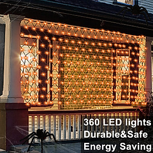 TURNMEON 360 LED 12Ft x 5Ft Halloween Net Lights Outdoor with 8 Flash Modes, Timer, Plug in, Orange Red Mesh Lights, Connectable Waterproof Halloween Decoration Outside Outdoor Bushes Yard Garden Tree