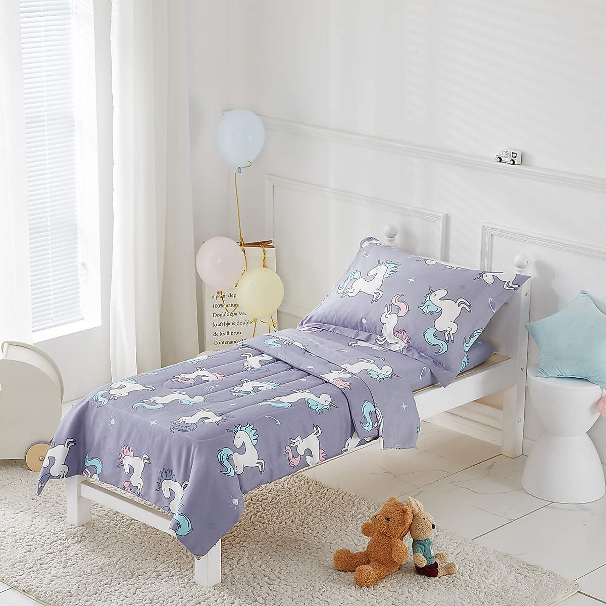 UOZZI BEDDING Unicorn 4 Piece Toddler Bedding Set with Rainbow Stars Blue-Gray - Includes Adorable Quilted Comforter, Fitted Sheet, Top Sheet, and Pillow Case for Girls Boys Bed